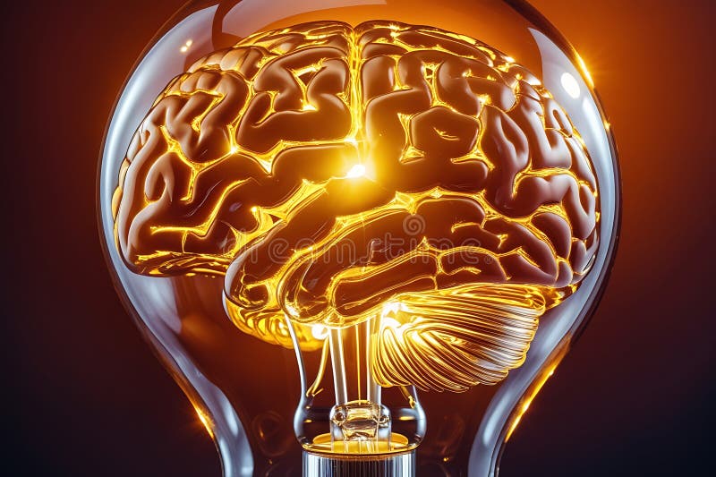 A Brain Encased within a Glowing Light Bulb, Set Against a Vibrant ...