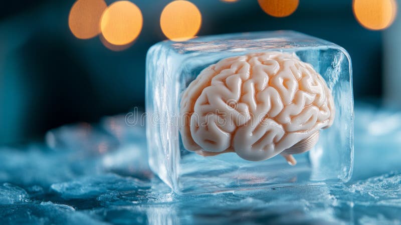 Brain Encased in Ice Cube on a Blue Background with Bokeh Lights Stock ...