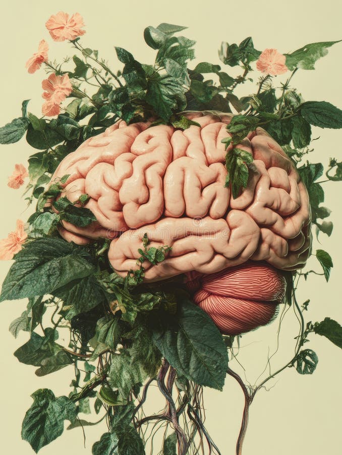 A Brain is Enveloped by Green Leaves and Blooming Flowers, Symbolizing ...
