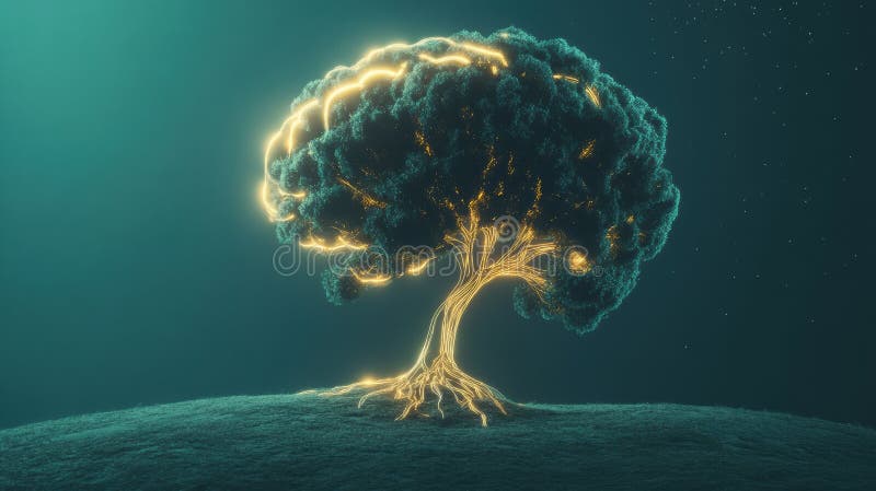 A Brain Evolves into a Tree with Glowing Branches and Roots ...