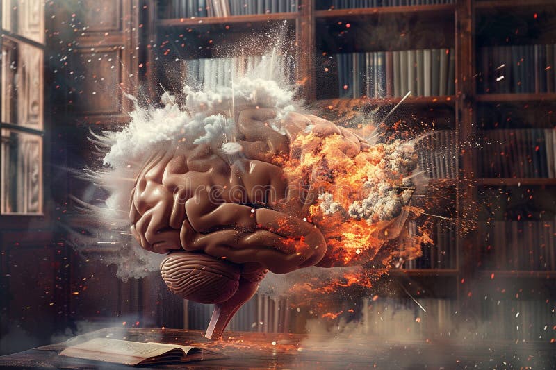 Brain Explosion in a Library Stock Illustration - Illustration of power ...