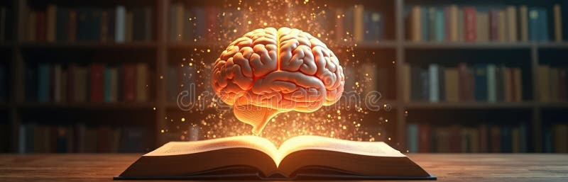 Brain Feeds Knowledge from Book in Library. Digital Art of Human Brain ...