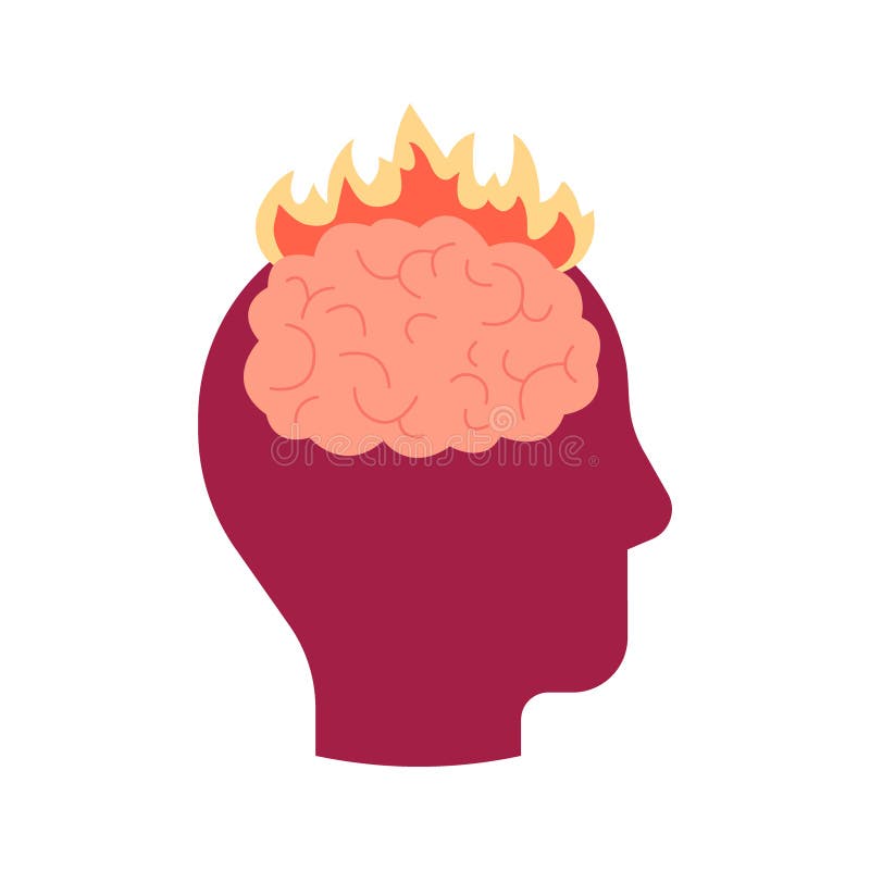 Brain with Fire, Head Profile. Burnout on Stress, Brainstorm. Intense ...