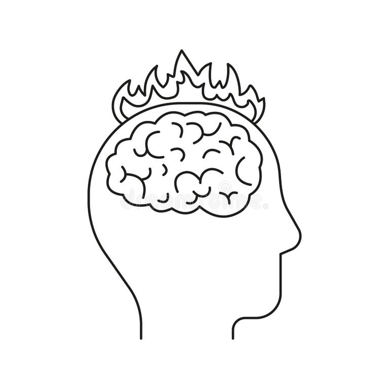 Brain with Fire, Head Profile. Burnout on Stress, Brainstorm. Intense ...