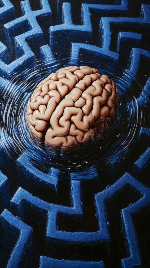 Brain Floating in Blue Labyrinth, Surreal Concept. Creativity and ...