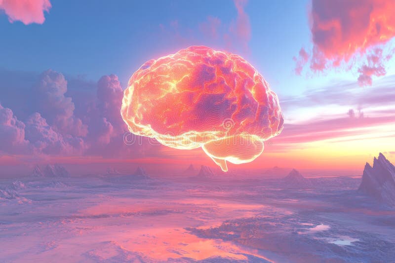 A Brain is Floating in the Sky with a Pinkish Orange Glow Stock ...