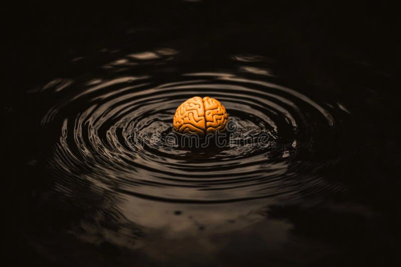 Brain Floating on Water with Dark Ripples Creating a Surreal Abstract ...
