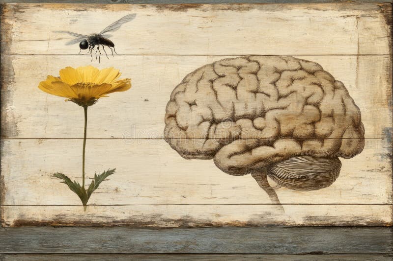 Brain and Flowers Art with Bee on Rustic Wooden Background Stock Image ...
