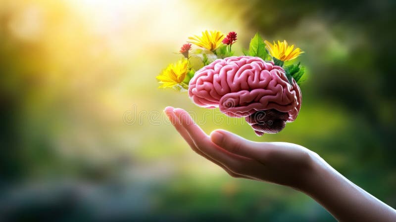 Brain with Flowers in a Nature-Inspired Setting Stock Illustration ...