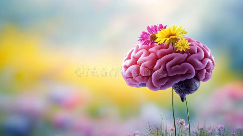 Brain with Flowers in a Nature-Inspired Setting Stock Illustration ...