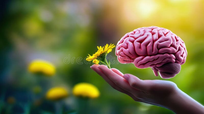 Brain with Flowers in a Nature-Inspired Setting Stock Illustration ...