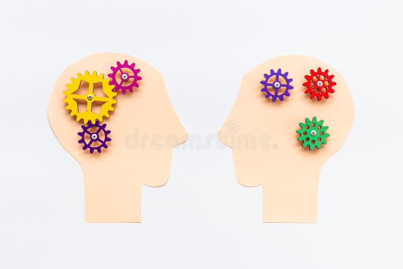 Brain Gears on Two Human Heads. Mind Work. Brain Chaos and Mind Peace ...