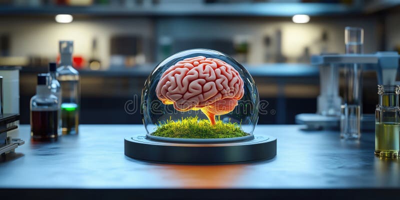 Brain in Glass Dome with Grass Base Displayed in Modern Laboratory Setting Stock Image - Image ...