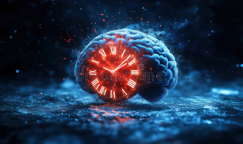 Brain with Glowing Clock Representing Time and Consciousness in Surreal ...