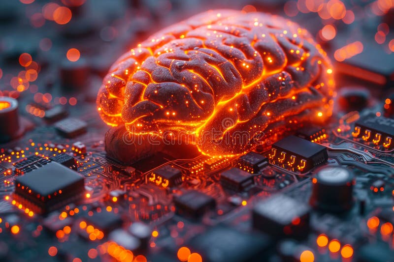A Brain is Glowing Red and Orange on a Computer Chip Stock Image ...