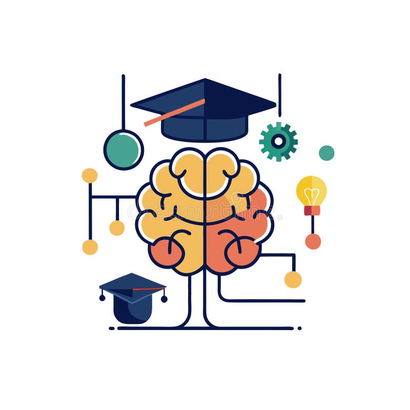 Brain with Graduation Caps, Light Bulb, Gear, and Geometric Shapes ...