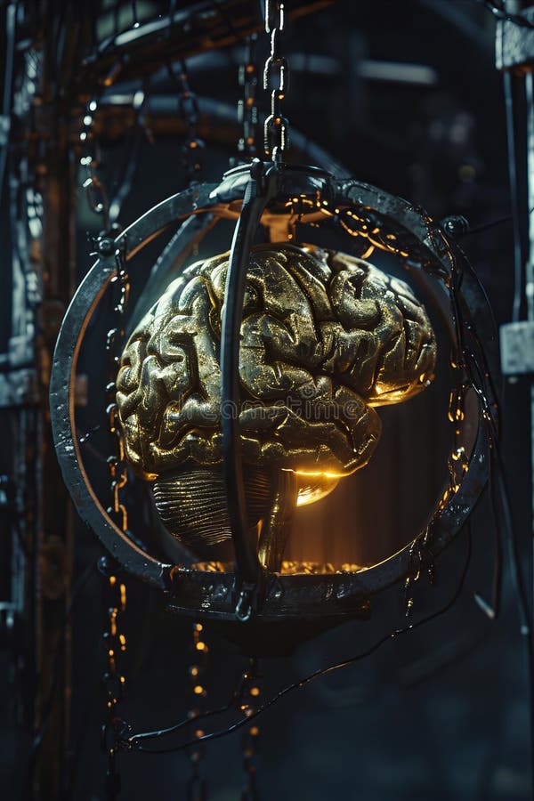 A Brain Hanging from Chains in a Dark Room Stock Image - Image of ...
