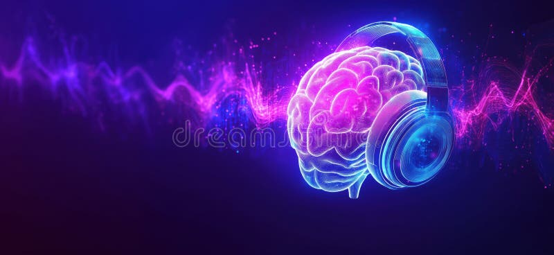 Brain with Headphones, Sound Waves Visualization, Vibrant Colors ...