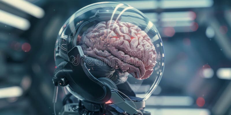 Brain in High-Tech Helmet, Neuroscience and Futuristic Technology Stock ...