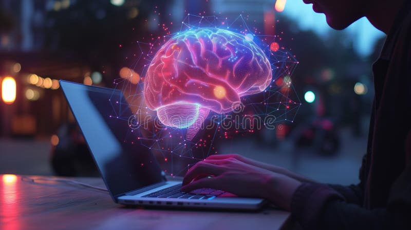 Brain Hologram Over Laptop. Stock Illustration - Illustration of ...