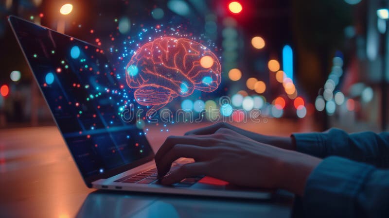 Brain Hologram Over Laptop. Stock Illustration - Illustration of ...