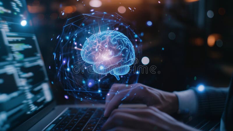 Brain Hologram Over Laptop. Stock Illustration - Illustration of ...