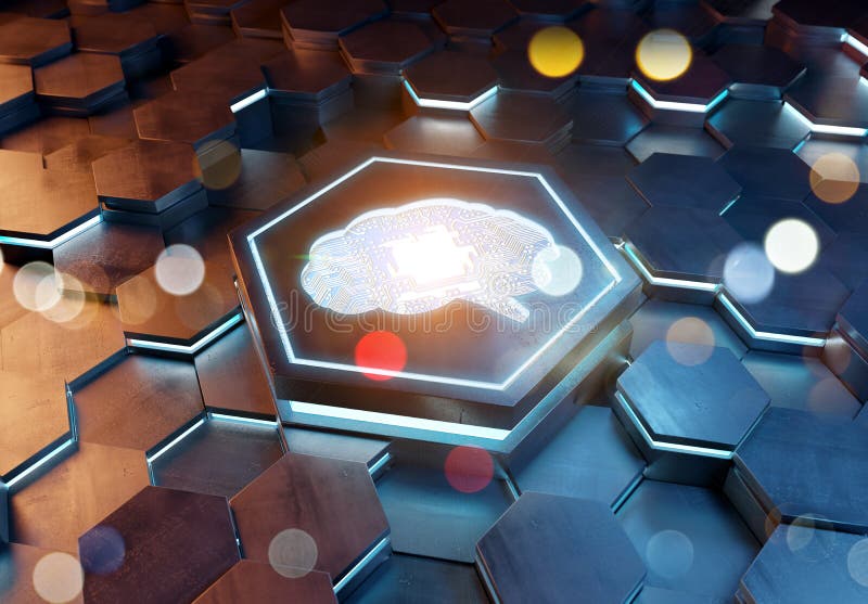 Brain Icon Concept Engraved on Metal Hexagonal Pedestral Background ...