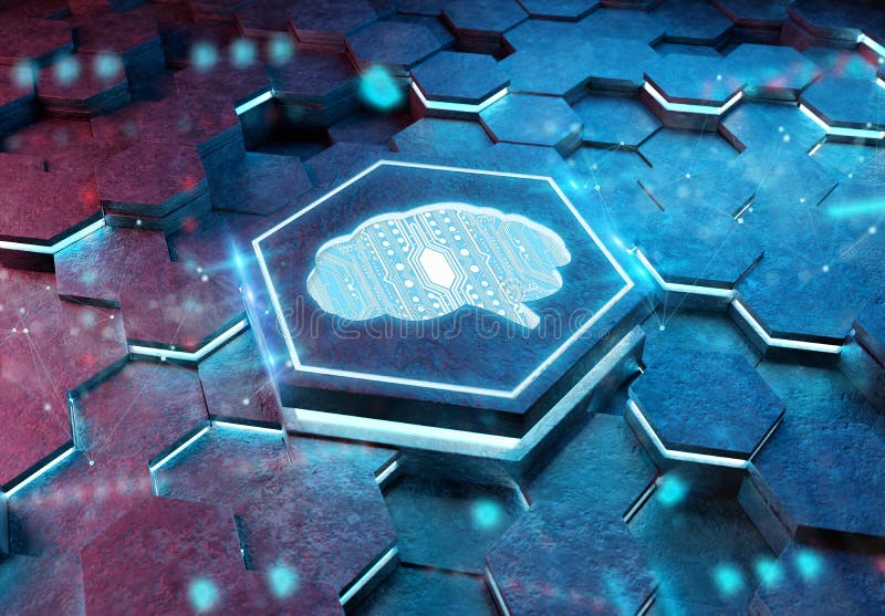 Brain Icon Concept Engraved on Metal Hexagonal Pedestral Background ...