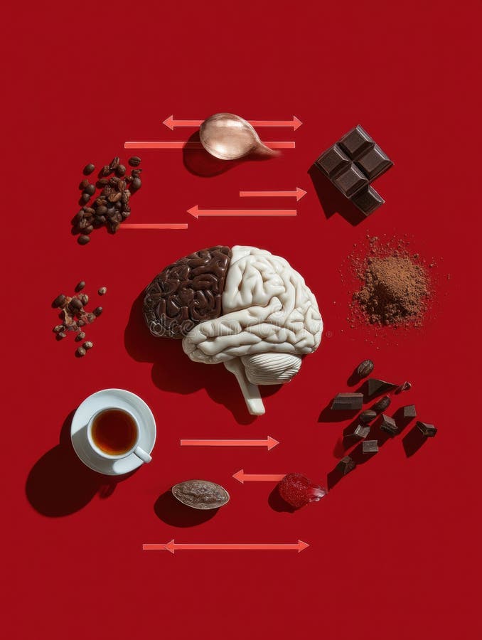 Brain Icon Surrounded by Coffee, Tea, Chocolate with Red Arrows ...