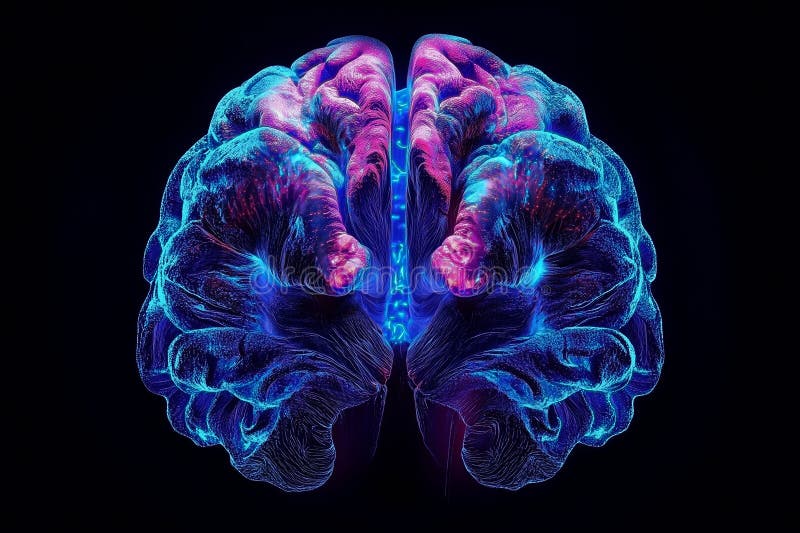 Brain Illuminated by Blue Neon Light on a Black Background Ai ...