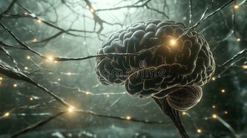Brain Illuminated by Glowing Connections in Dark Forest Setting Stock ...