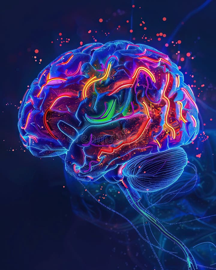 A Brain Illuminated with Neon Lights Showing the Spread of Alzheimers ...