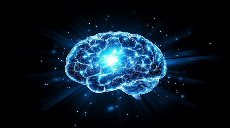 Brain Illustration with Bright Light at Center Neurons Connecting ...