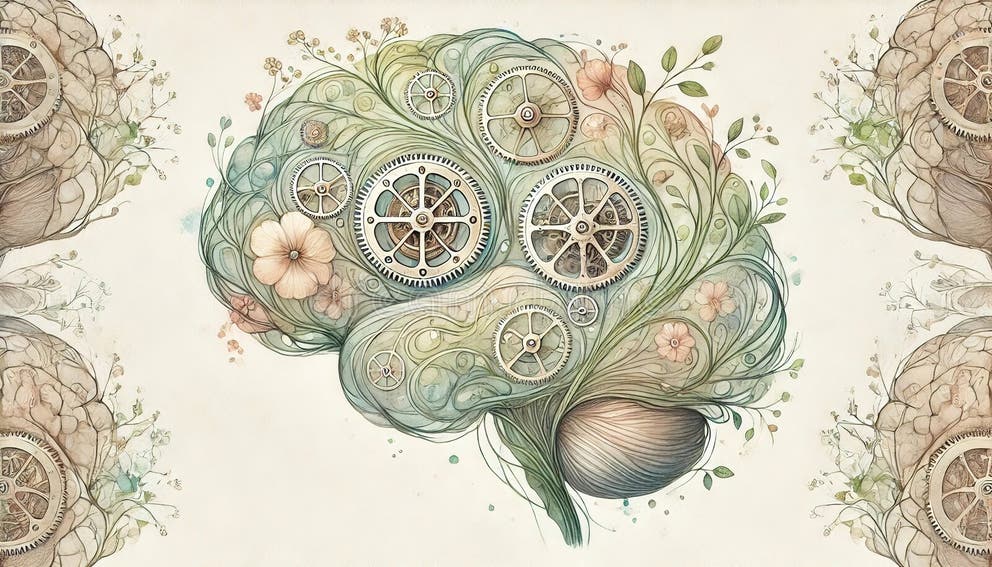 A Brain Illustration Combining Gears and Nature Elements, Symbolizing ...