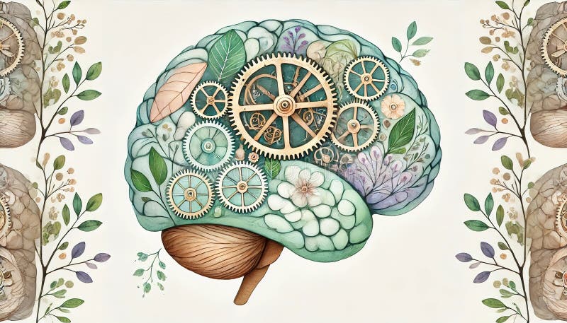 A Brain Illustration Combining Gears and Nature Elements, Symbolizing Intelligence, Creativity ...