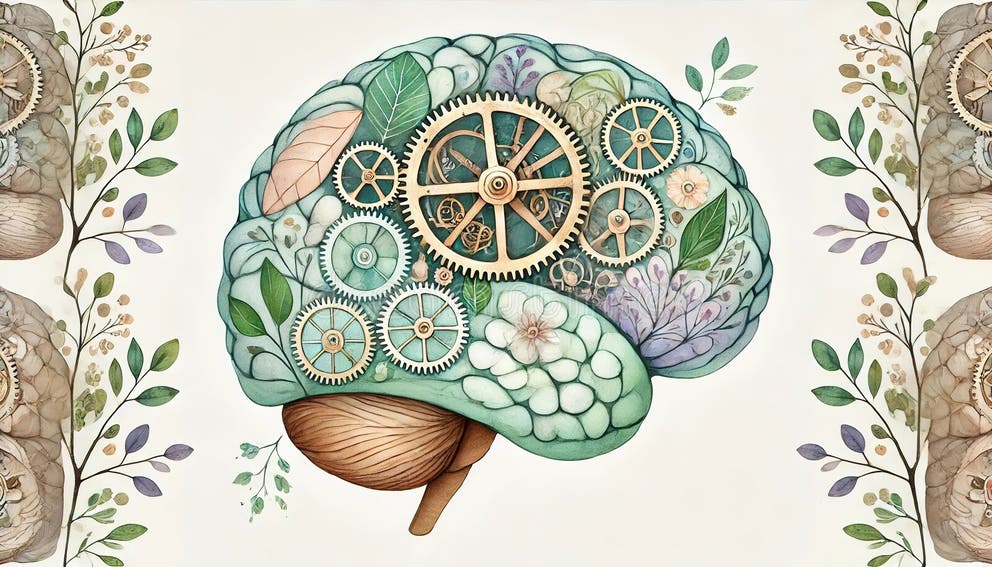 A Brain Illustration Combining Gears and Nature Elements, Symbolizing ...