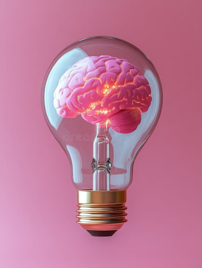Brain Inside a Lightbulb on a Pink Background. Stock Image - Image of ...