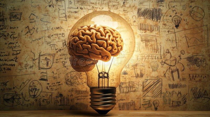 Brain Inside a Lightbulb with Textured Sketches Stock Image - Image of ...