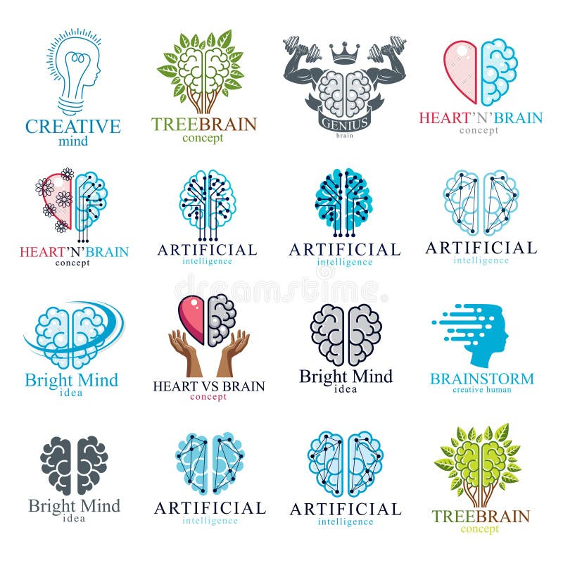 Brain and Intelligence Vector Icons or Logos Concepts Set. Artificial ...