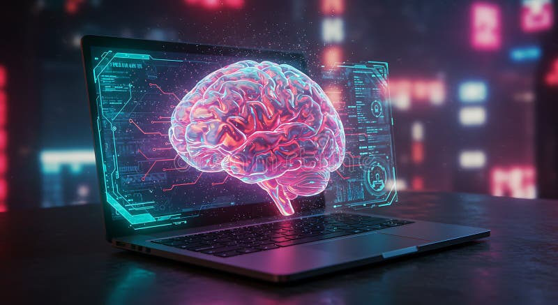Brain on Laptop Screen Artificial Intelligence Concept Stock Photo ...