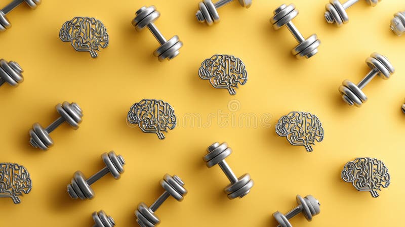 Brain Lifting Dumbbells on Bright Sunny Yellow Background To Symbolize ...