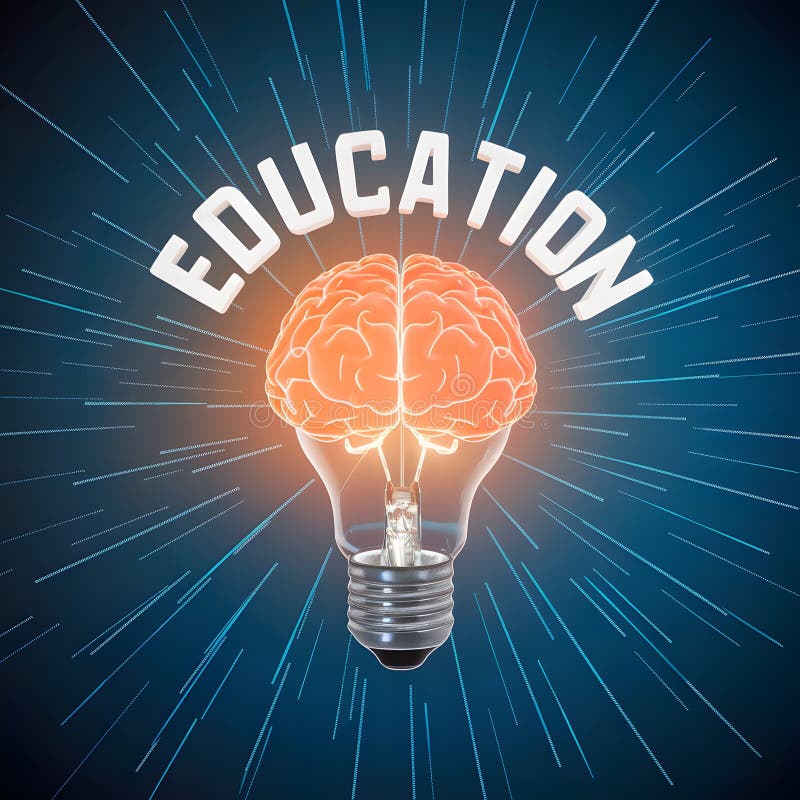 The Brain in a Light Bulb and Education Word 3D Rendering Photo ...