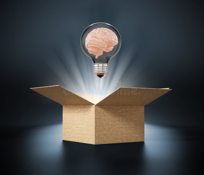 Brain in Lightbulb Coming Out of the Box. 3D Illustration Stock ...