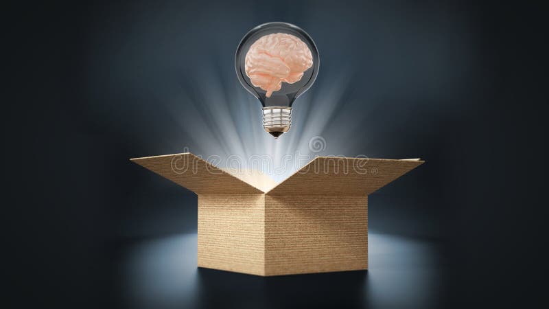 Brain in Lightbulb Coming Out of the Box. 3D Illustration Stock ...