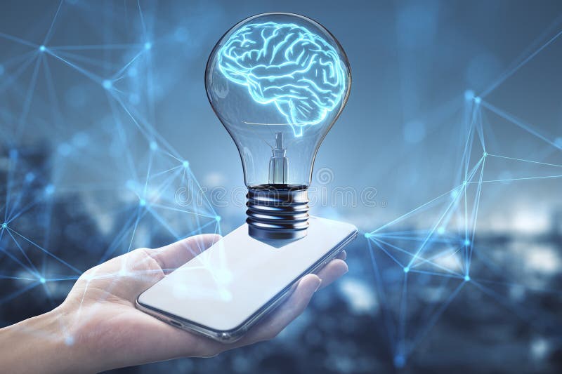 Brain in Lightbulb Hovering Over a Smartphone. Stock Photo - Image of ...