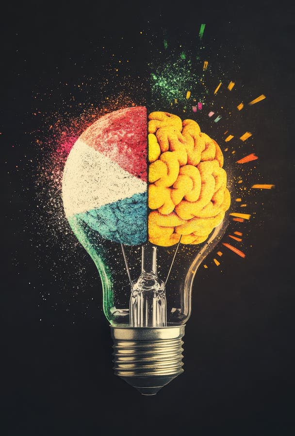 Brain in Lightbulb Split with Red and Yellow Sides Illustrating Dual ...