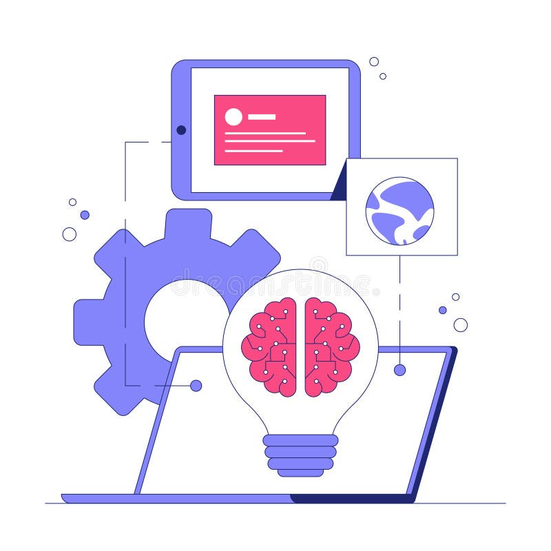 Brain in a Lightbulb with Tablet and Gear in Flat Vector Illustration ...