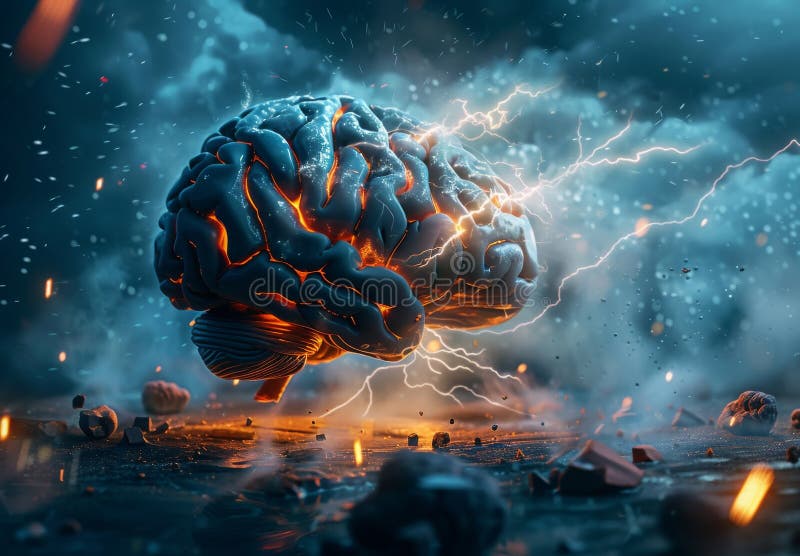 Brain and Lightning Concept, 3D Render Stock Illustration ...