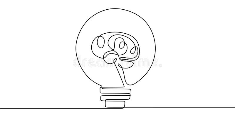 Brain Lights Up Inside a Light Bulb in One Line Drawing. Cognitive ...