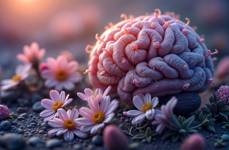 Brain Like Structure among Pink and White Flowers at Sunset Stock ...